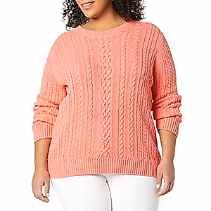 Amazon Essentials Women's Fisherman Cable Long-Sleeve Crewneck Sweater (Available in Plus Size), Coral Pink, Large