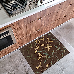 Machine Washable Leaves Design Non-Slip Rubberback 2x3 Pack of 2 Traditional Area Rug for Entryway, Bedroom, Kitchen, Bathroom, 2'3" x 3' - Pack of 2, Brown