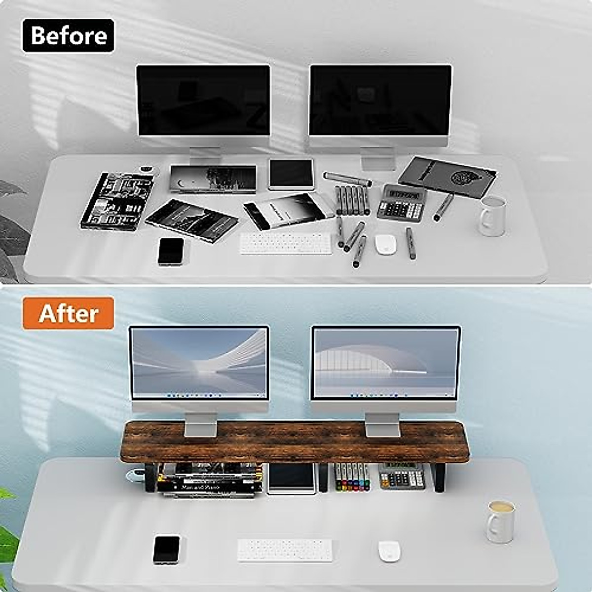 ErgoFocus Large Wood Monitor Stand, 39-inch Long Dual Monitor Riser with Storage Space