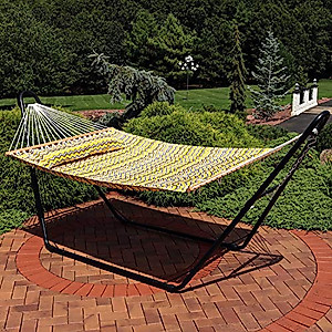 Sunnydaze 2-Person Quilted Printed Fabric Spreader Bar Hammock and Pillow - Large Modern Hammock with Metal S Hooks and Hanging Chains - Heavy Duty 450-Pound Weight Capacity - Yellow and Gray Chevron