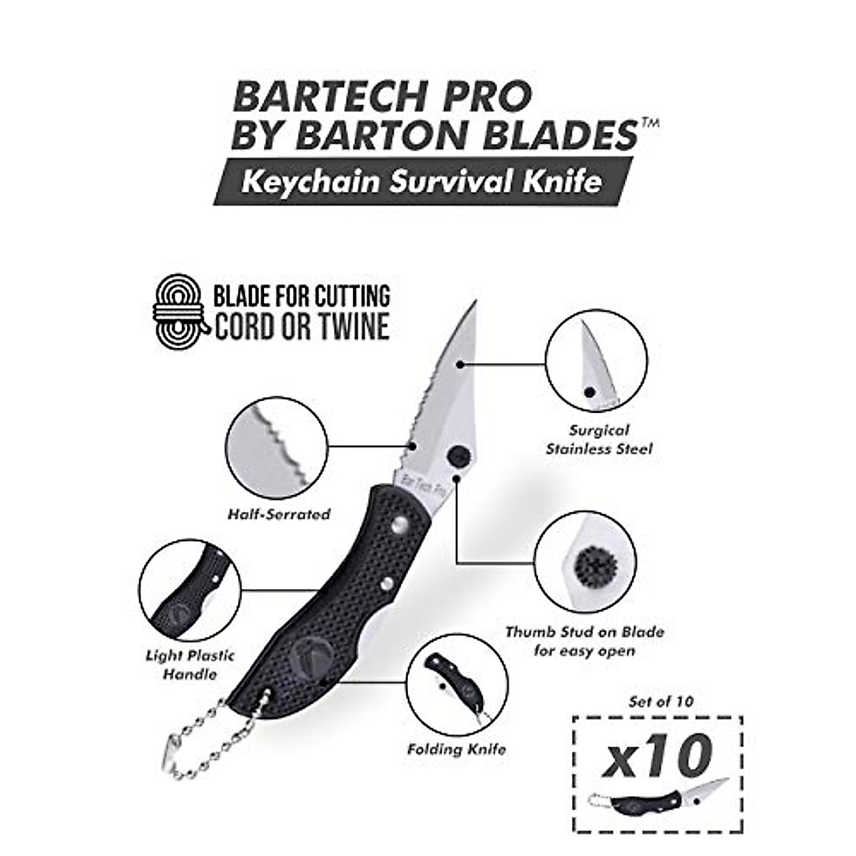 Keychain Knife - Surgical Stainless Steel Half-Serrated 1 7/8" Blade for Cutting Cord or Twine - Light Plastic Handle - 2 1/2" Folded, 4 1/4" Open - Set of 10