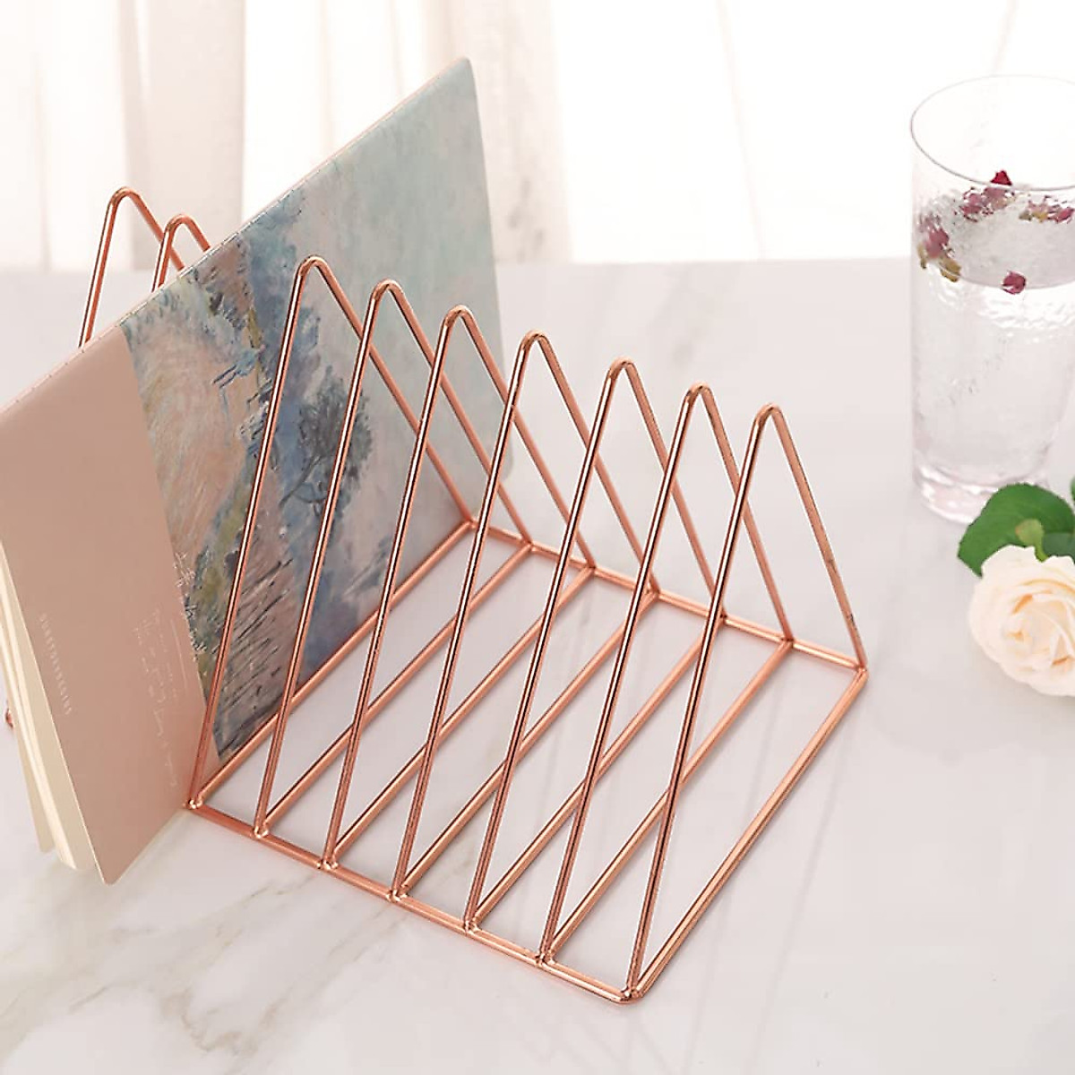 Sooyee 9 Slot Rose Gold Magazine Holder,Desktop File Sorter Organizer Triangle Bookshelf Decor Home Office