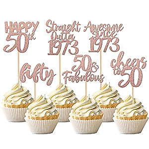 24 PCS Happy 50th Birthday Cupcake Toppers Glitter Fifty Straight Outta 1973 Cupcake Picks Cheers to 50 Fabulous Awesome Since 1973 Cake Decorations for 50th Birthday Party Supplies Rose Gold