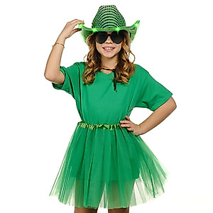 Funcredible Green Light Up Cowboy Hat and Glasses - Sparkly Disco Cowgirl Hat - Sequin Cowboy Hat for Women - Cowgirl Costumes for Girls