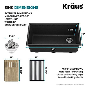 KRAUS Bellucci Workstation 32 inch Undermount Granite Composite Single Bowl Kitchen Sink in Metallic Black with Accessories, KGUW2-33MBL