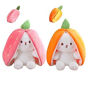 Mukorolee 2PCS Plush Toy Pillow, Reversible Carrot Strawberry Bunny Plush with Zipper, Easter Bunny Stuffed Animal Cute Rabbit Plushie Birthday Gift for Boys Girls Kids (2pcs 7" Strawberry&Carrot)