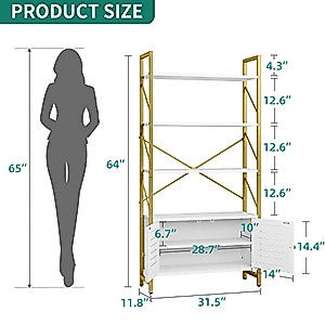 YITAHOME Bookshelf and Bookcase with Storage Cabinet, Standing 5 Tiers Book Shelves Display Rack with Doors for Bedroom Living Room Office,White&Gold