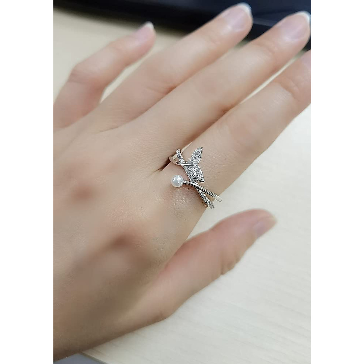 CZ Mermaid Silver Ring for Women Girls Adjustable Expandable Layered Dophin Fish Tail Shell Pearl Open Wrap Finger Rings Comfort Fit Dainty Birthday Wedding Anniverary Jewelry Gift Daughter Sister (Silver)