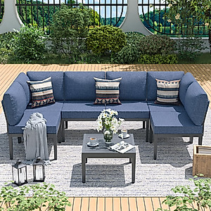 Kullavik Patio Furniture Set,7 Pieces Metal Modern Outdoor Furniture,Outdoor Sectional Sofa w/5.1" Cushions and Coffee Table for Patio,Backyard，Navy Blue