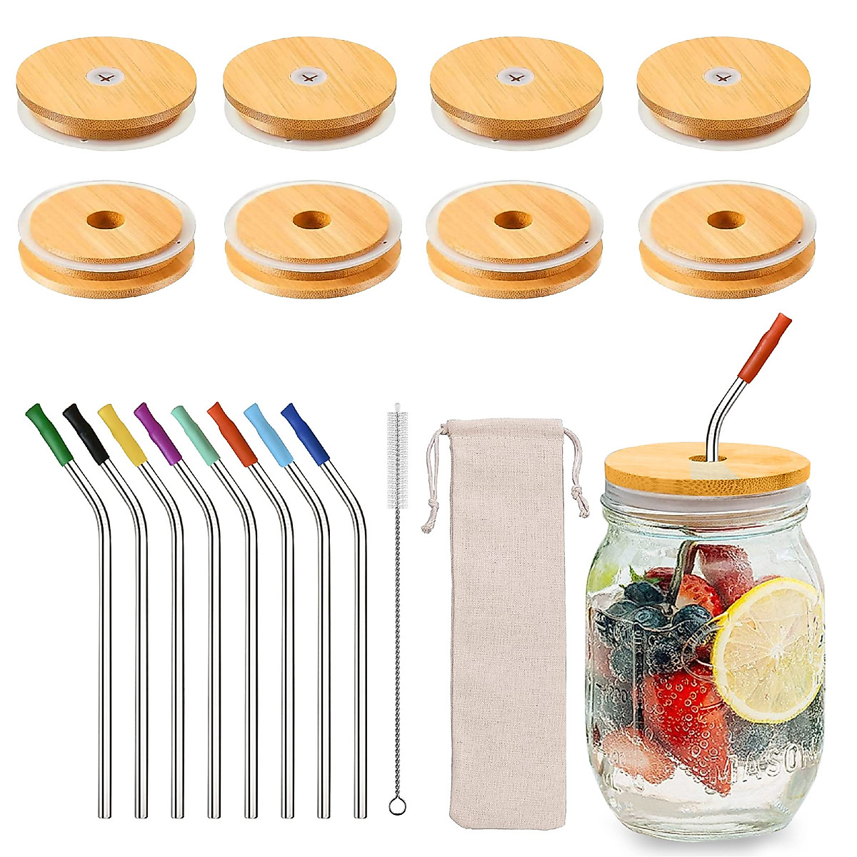 Bamboo Mason Jar Lids with Straw Hole, Stainless Steel Reusable Straws with Colored Silicone Tips, Straw Cleaner Brush and Polyester Bag, 70mm Bamboo Mason Jar Lids (Regular Mouth)