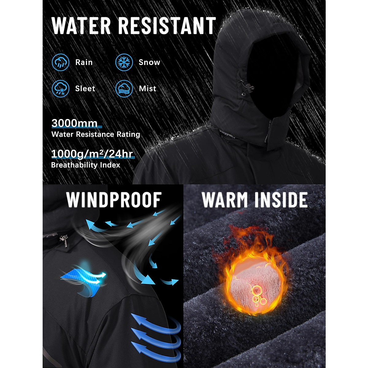 TACVASEN Winter Jacket for Men Skiing Warm Fleece Jackets Hooded Water Resistant Rain Jacket Black Thermal Snowboarding Jacket Windbreaker for Cold Weather