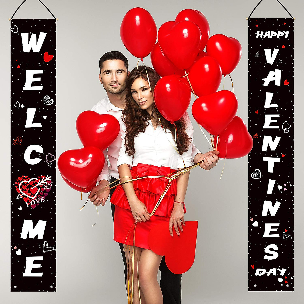 Whaline Valentines Porch Sign, Welcome and Happy Valentines Day Hanging Banners for Holiday Home Indoor Outdoor Porch Wall Valentine's Day Decoration (Black)