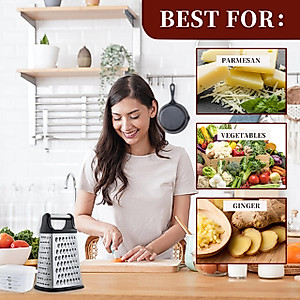 Cheese Grater, Little Cook Stainless Steel 4-Sided Box Grater, Detachable 3 Cup Storage Container and Measurement Markings Graters With Handle for Kitchen, Dishwasher Safe (Black)