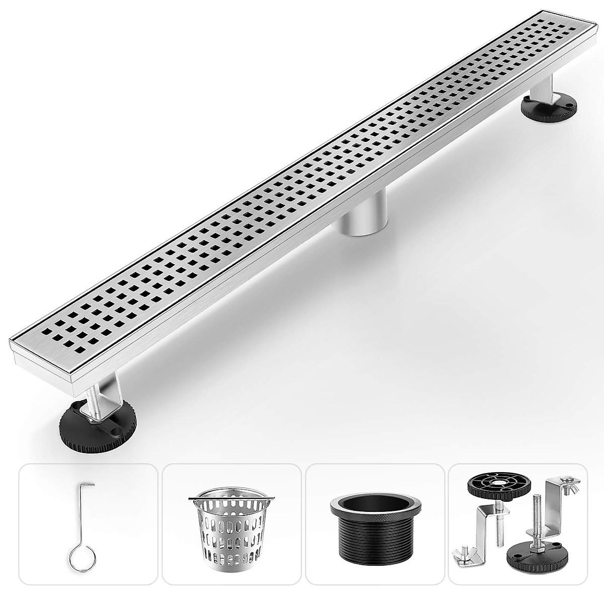 HTOH Shower Drain, Linear Shower Drain 24 Inch(Brushed Nickel),Modern 304 Stainless Steel Shower Floor Drain with Grate Removable, Adjustable Leveling Feet, Rectangular Shower Drain