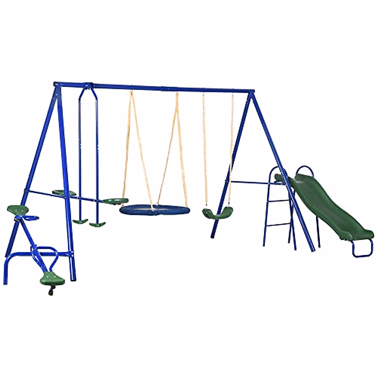 Outsunny 5-in-1 Kids Swing Set Backyard Playground Set with Saucer Swing, Outdoor Slide, Seesaw, Metal Swing Set Kids Outdoor Playset Playground Equipment Blue