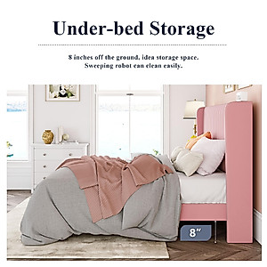 Allewie Full Size Velvet Bed Frame/Vertical Channel Tufted Wingback Headboard/Upholstered Platform Bed/Strong Wooden Slats/No Box Spring Needed/Easy Assembly/Pink