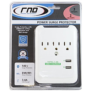 RND Wall Power Station includes 3 AC Plugs and 2 USB ports (3.4A total) with Surge for iPhone, iPad, Samsung Galaxy, LG, HTC, Moto and all USB Compatible Devices