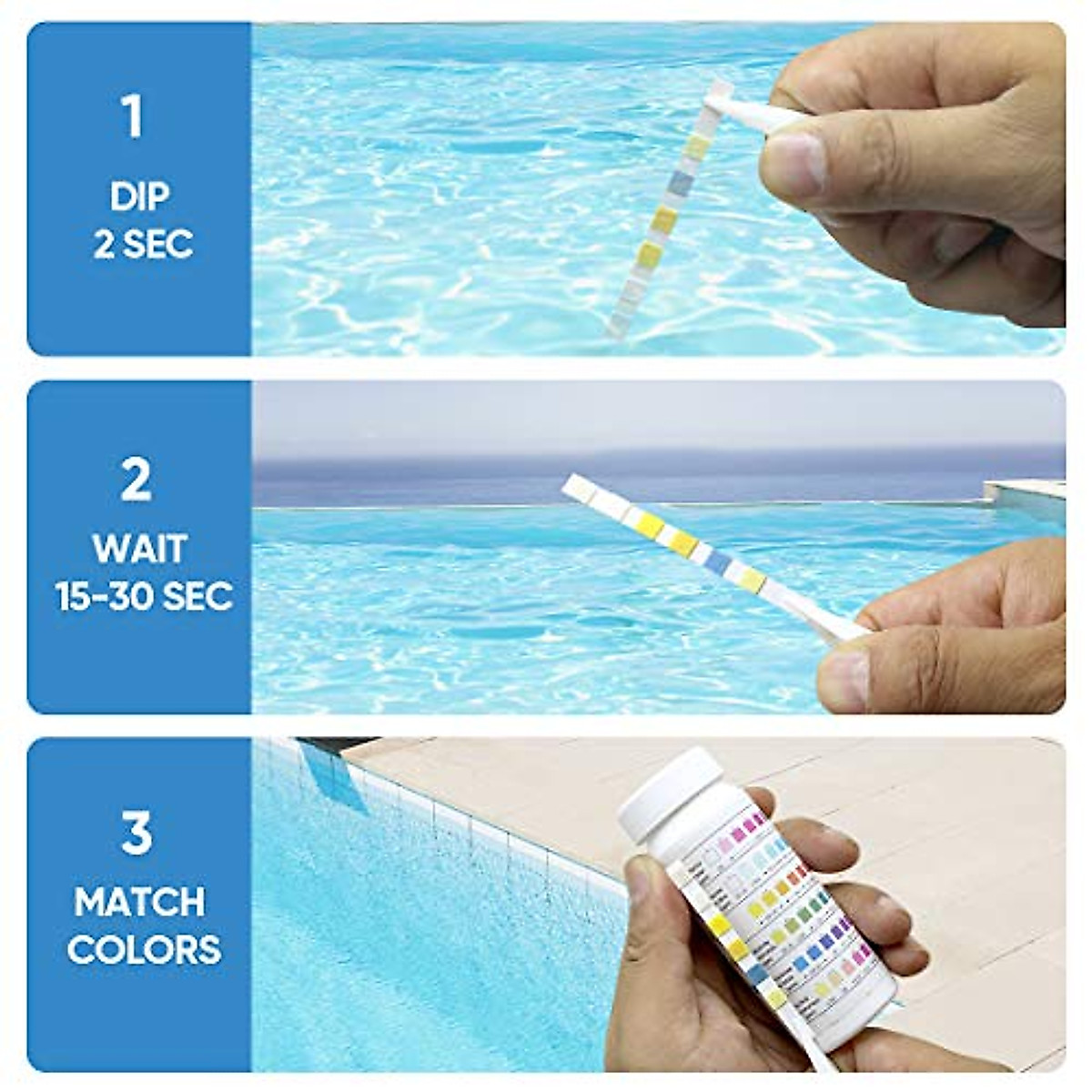 Swimming Pool Test Strips for Above Ground Pool, PH, Total Chlorine, Free Chlorine/Bromine, Total Alkalinity, Cyanuric Acid, Total Hardness Water Chemistry Spa and Hot tub Testing Strips 50PCS 6-Way
