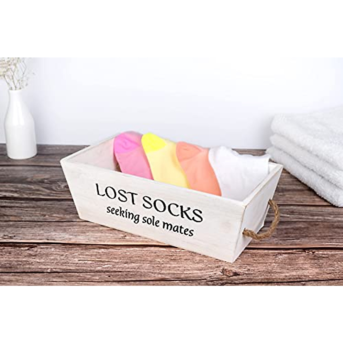 Lost Socks Basket for Laundry Room – White Laundry Basket, Wooden Farmhouse Laundry Hamper, Sock Bin, Laundry Room Storage Baskets for Shelves, Sock Basket from UpTrend Design
