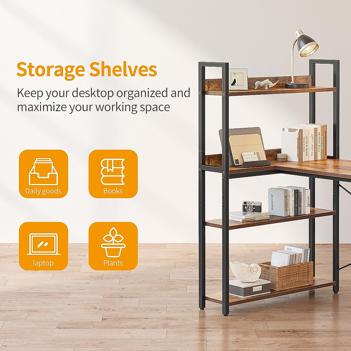 CubiCubi Computer Corner Desk with Storage Shelves, 47 Inch Reversible L Shaped Desk with Bookshelf, Home Office Writing Desk with Hooks, Small L Study Table, Rustic Brown