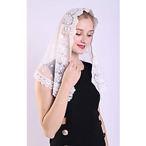 Grettytling Chapel Veil Embroidered Lace Mantilla Veil Head Covering Veils for Church，White