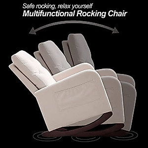 Modern Accent Rocking Chair, Button Tufted Upholstered Glider Rocker for Nursery, Comfy Armchair with Side Pocket, Lounge Chair with High Backrest for Living Room, Bedroom, Office (Fabric Beige)