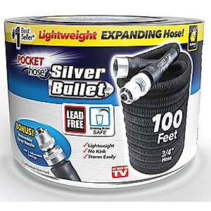Pocket Hose Silver Bullet 100 ft Turbo Shot Nozzle Multiple Spray Patterns Expandable Garden Hose 3/4 in Solid Aluminum Fittings Lead-Free Lightweight and No-Kink