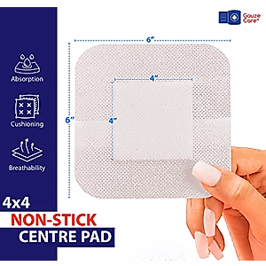 GauzeCare Island Dressing 6x6 (inch) 25 Pcs| Individually Packed Sterile Bordered dressing | 4x4 Non-Stick Pad in Center with Acrylic Adhesive Borders| Water-Resistant Adhesive Pads for Wound Care