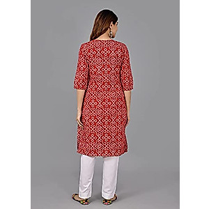 Vrnda Women's Cotton Straight Bandhej Printed kurta With Yoke Embroidery Red Kurti with White Pant and printed Dupatta Set (L)