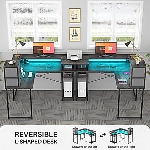 armocity L Shaped Desk with Drawers, Reversible Corner Computer Desk with LED Light & Power Outlet, 50'' L-Shaped Gaming Desk with Long Monitor Shelf, Home Office Desk for Small Corner Space, Grey