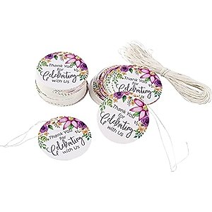 Thank You Tags - 120-Pack Thank You for Celebrating with Us Paper Gift Tags, Craft Hang Labels with String for Wedding, Birthday, Holiday, Baby Shower, Floral Design, 250 GSM, 2.1 Inches Diameter