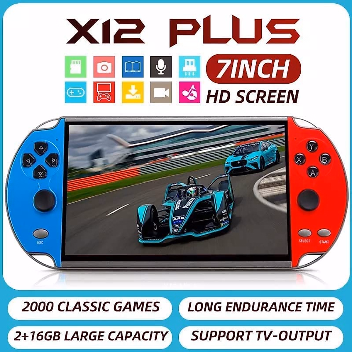 X12 Plus Handheld Game Console, 7 Inch HD Screen Retro Video Game Console, Built in 16GB TF Card & 1000 Games Handheld Double Joystick Game Controller, Support AV Output Music E-Book