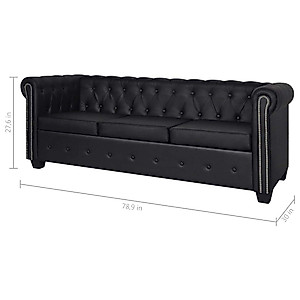 CUSON Chesterfield Sofa 3-Seater | Modern 3-Seat Sofa Couch | Living Room Sofa | Black Artificial Leather with Wooden Frame 78.9" x 30" x 27.6"