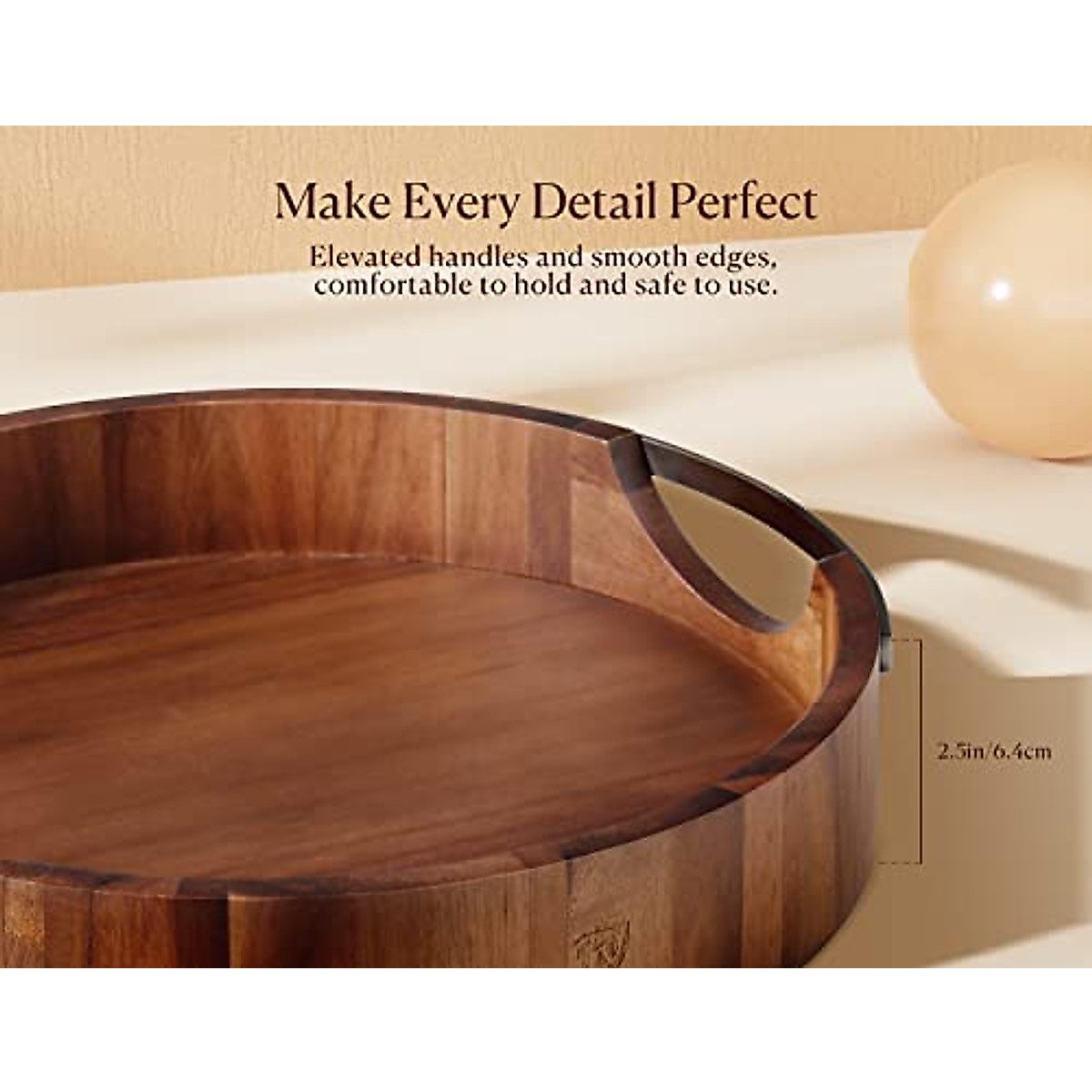 Dofira Acacia Wood Serving Tray with Metal Handles, 14" Round Food Drinks Tray for Coffee Table, Breakfast, Dinner & Bar, Rustic Decorative Storage Tray for Ottoman, Kitchen, Bedroom (Gift Packaging)