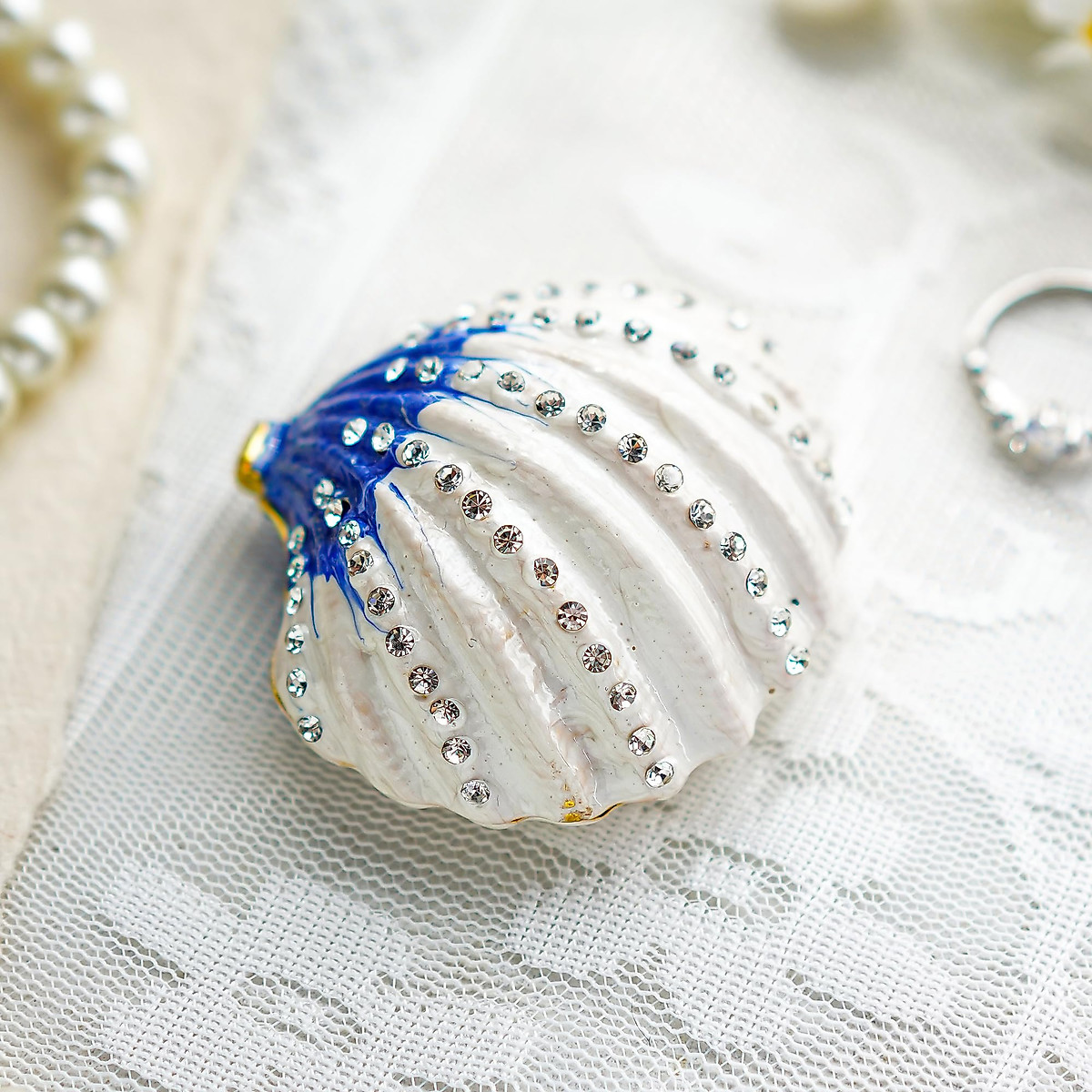 YU FENG Seashell Figurine Trinket Box Hinged Crystals Jeweled Painted Enameled Collectible Ocean Jewelry Box(Dark Blue)