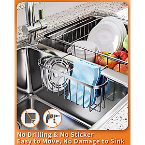 SWTYMIKI Sponge Holder for Kitchen Sink with Partition, Movable Kitchen Sink Caddy with Compact Size Rustproof and Waterproof Hanging Sink Sponge Caddy for Double Bowl Sinks, Silver