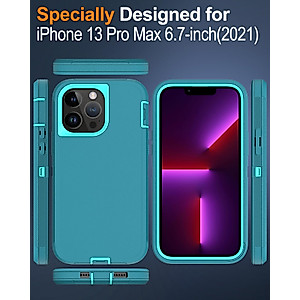 Aliruke for iPhone 13 Pro Max Case, with Screen Protector, Dust-Proof Port Cover, Full-Body Non-Slip Silicone Rubber Covered, Military Grade Drop-Proof Shockproof Phone Case, Mint/Teal