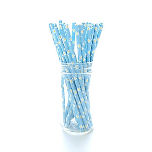 Blue Daisies Flower Straws (25 Pack) - Summer Daisy Flowers Party Supplies, Blue Floral Wedding Straws
