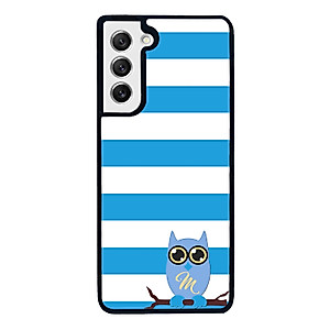 Blue and White Bars Owl Personalized Initial Phone Case Compatible With Samsung Galaxy S25 S25+ S25 Ultra S24 S24+ S24 Ultra S24FE, S23 FE S23+ Ultra S22 S22+ Ultra