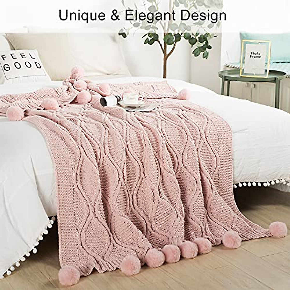 Chunky Knit Blanket with pom poms- Thick, Soft, Big, Cozy Throw Blankets for Couch, Bed, Sofa, Chair-50×60 Inches,Pink