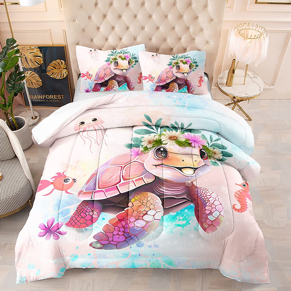 CVHOUSE Kawaii Sea Turtle Comforter Set Twin Size,Ocean Theme Bedding Set for Girls Kids,Tie Die Turtle Quilt Set Ocean Turtle Duvet Set Ocean Decor 3 Pieces