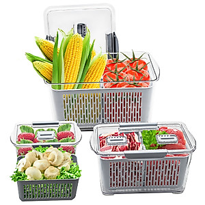 Fistone Fresh Produce Fruit Vegetable Storage Containers 3Piece Set, BPA-Free Fridge Storage Container with Lid & Colander, Fridge Organizers, Keep Fresh for Produce,Fruit and Vegetable