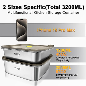 YUPER Stainless Steel Food Containers, Meal Prep Container, Bacon Cheese Container for Refrigerator, Stainless Steel Containers with Lids Fruit Lunch Storage, 2 Pack (40+67OZ)