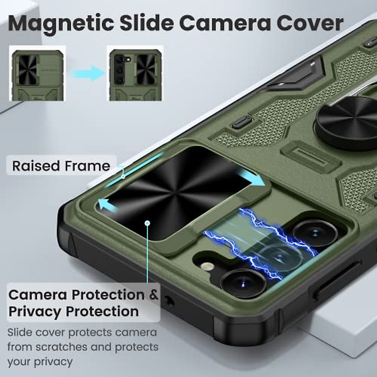 Caka for Samsung Galaxy S23 Case, S23 Case with Slide Camera Cover & Kickstand with Built-in 360° Rotate Ring Stand Magnetic Protective Case for Galaxy S23 5G- Green