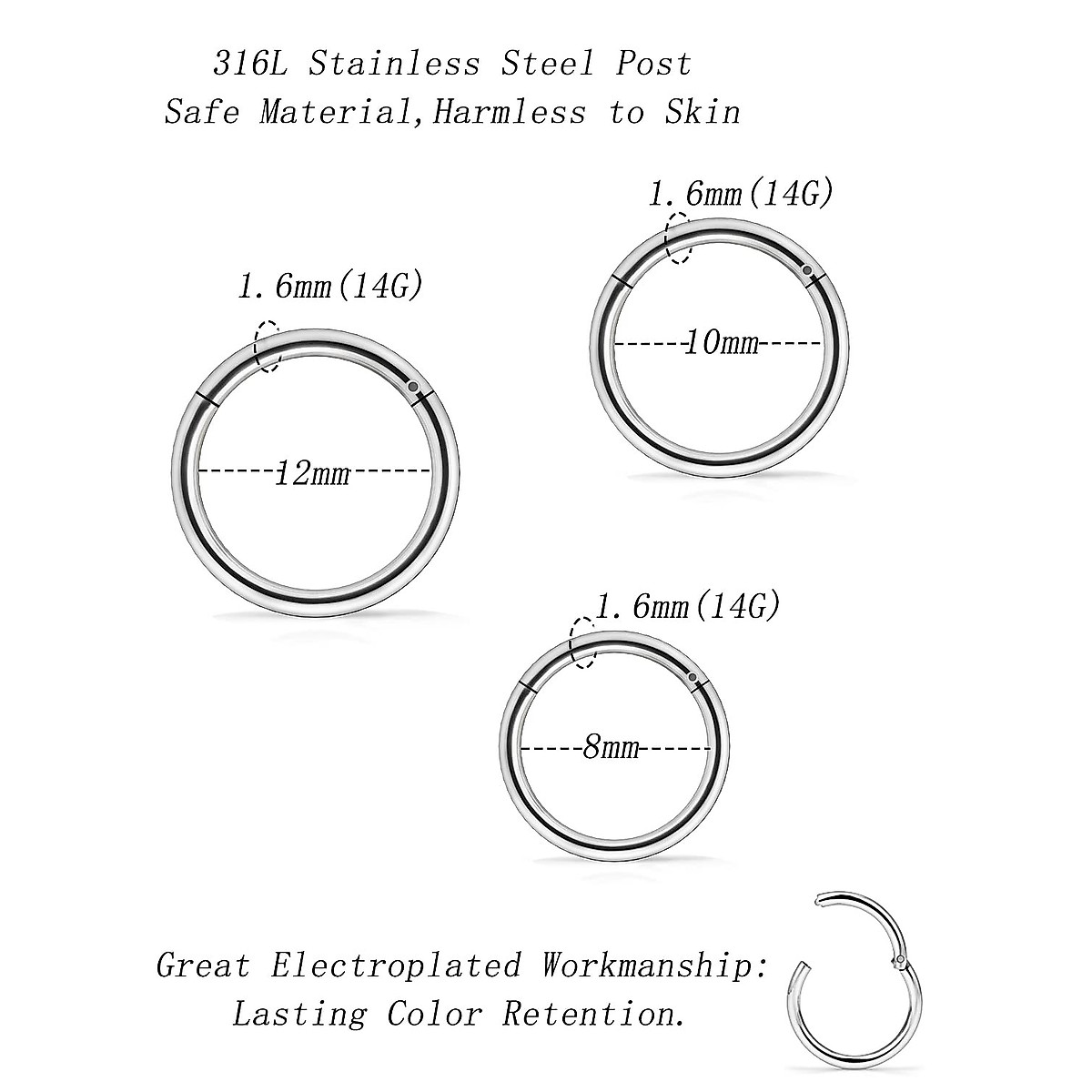 Xnsjeyy 14G Stainless Steel Nose Rings Hoops Hinged Clicker Septum Ring Lip Ring Cartilage Tragus Earrings Body Piercing Jewelry for Women Silver