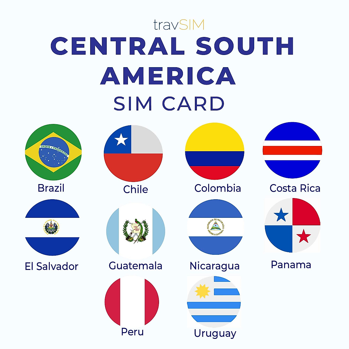 travSIM Central South America SIM Card for Valid 30 Days | 12GB Mobile Data | Colombia Brazil Nicaragua Panama Costa Rica Peru El Salvador Chile Guatemala Uruguay SIM Card