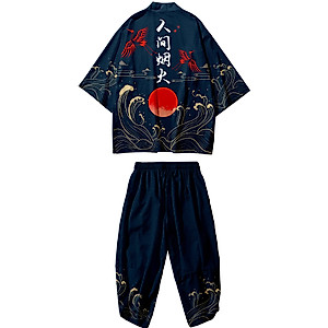 DOSLAVIDA Men's Japanese Kimono Jacket Set Stylish Open Front Coat With Shorts Chinese Style Printed Cardigan Suits