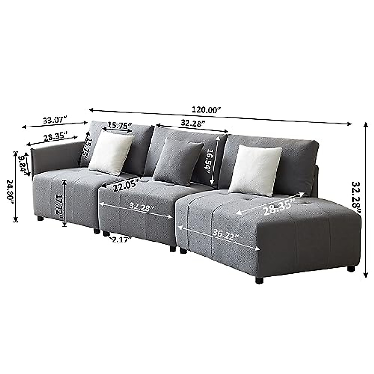 Eafurn 120" Teddy Fleece Curved Chaise Lounge,Free Combination Modular Sectional Set,3 Seater Button Tufted Comfy Sofa & Couches for Living Room Bedroom Apartment with 3 Pillows, Gray
