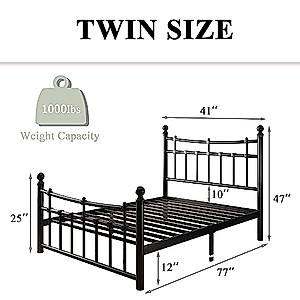 iPormis Metal Twin Bed Frame with Iron-Art Headboard, Heavy Duty Metal Platform Bed Frame with 14 Steel Slats Support, No Box Spring Needed, Noise-Free, Easy Assembly, Twin