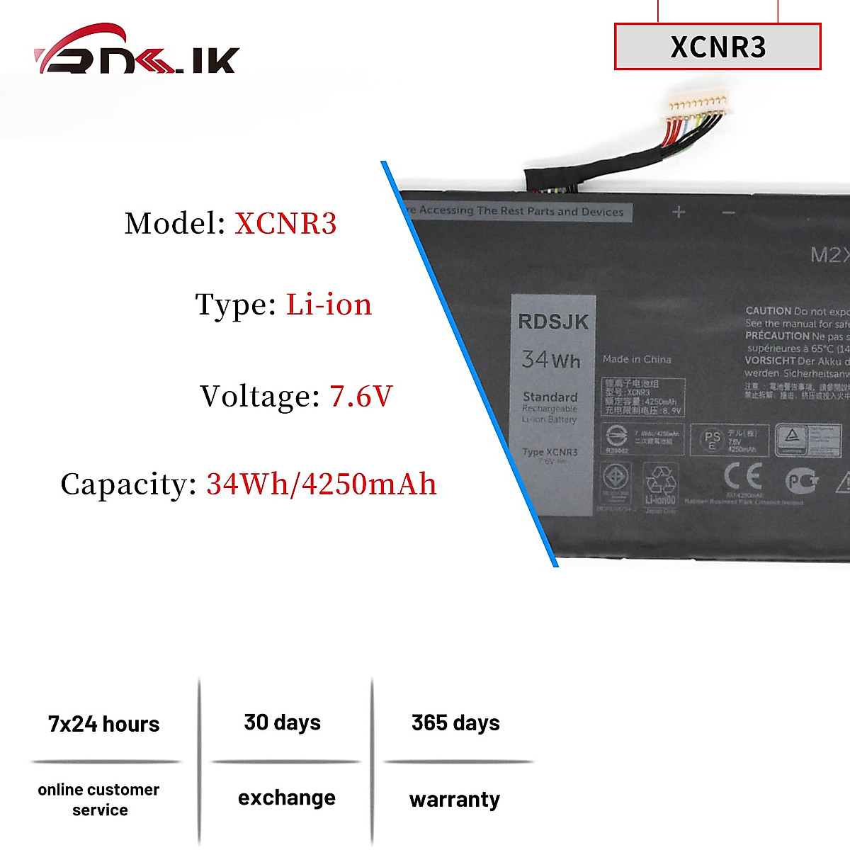 RDSJK XCNR3 Laptop Battery for Dell Latitude 13 7370 E7370 Ultrabook Series 0XCNR3 P63NY N3KPR G7X14 0G7X14 4H34M WV7CG 0WV7CG MH25J 0MH25J 7.6V 34Wh